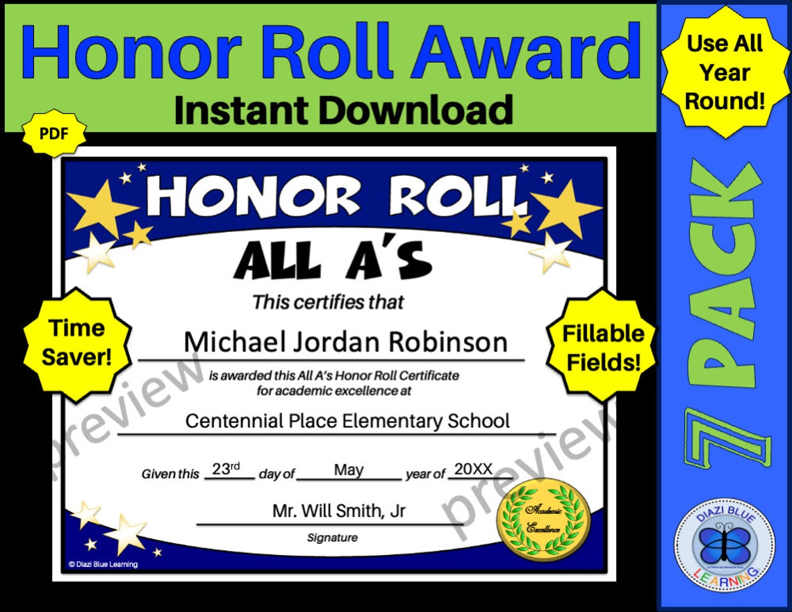 Honor Roll Certificates, 7 Pack Stars Honor Roll Certificates, Fillable ...