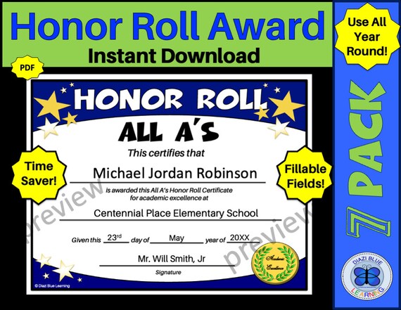 Honor Roll Certificates 7 Pack Stars Honor Roll Certificates - Etsy