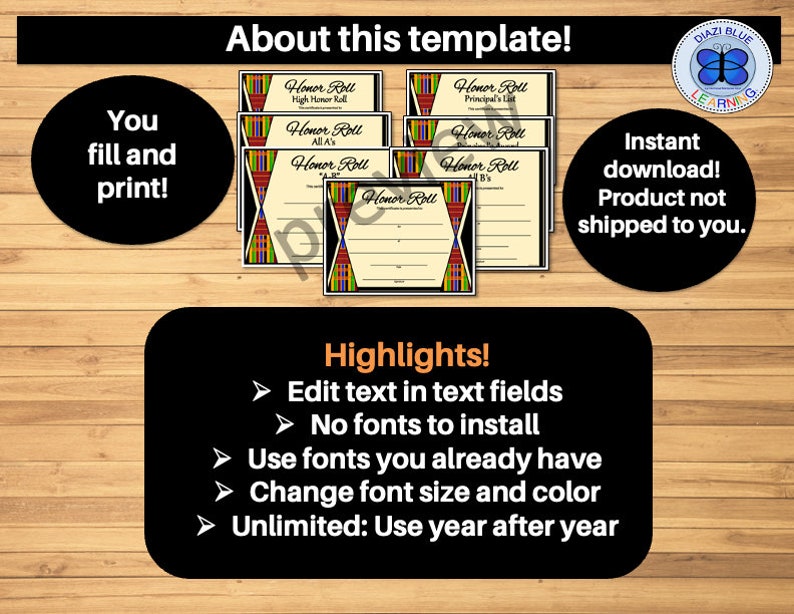Set of 7 Kente Fillable Honor Roll PDF Certificates 3, Editable Kente ...