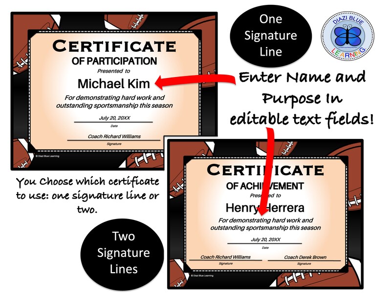 Editable Football Certificate, PDF Football Certificate With Signature ...