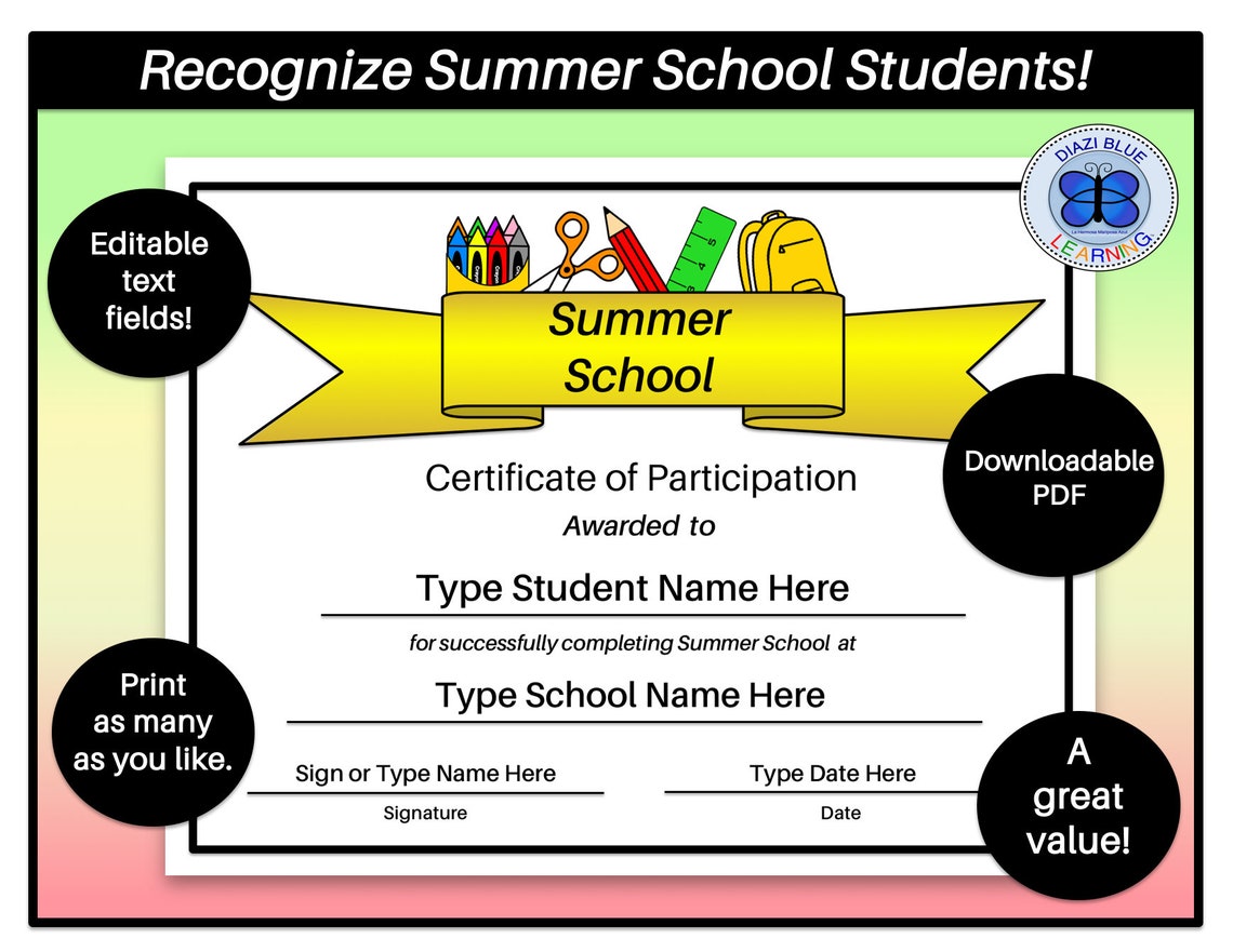 Summer School Certificate, Editable Summer School Certificate ...