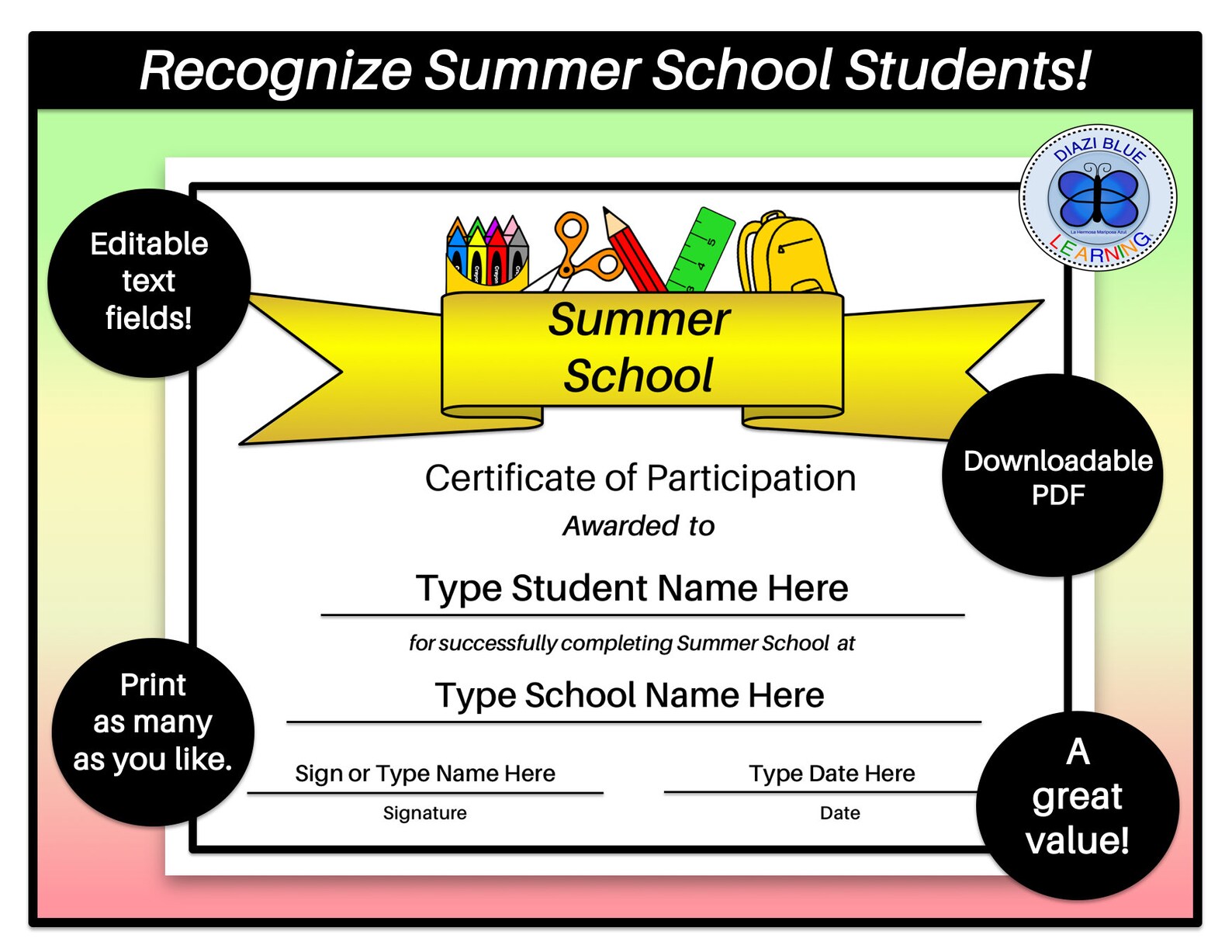 Summer School Certificate, Editable Summer School Certificate ...