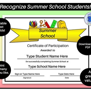 Summer School Certificate, Editable Summer School Certificate ...