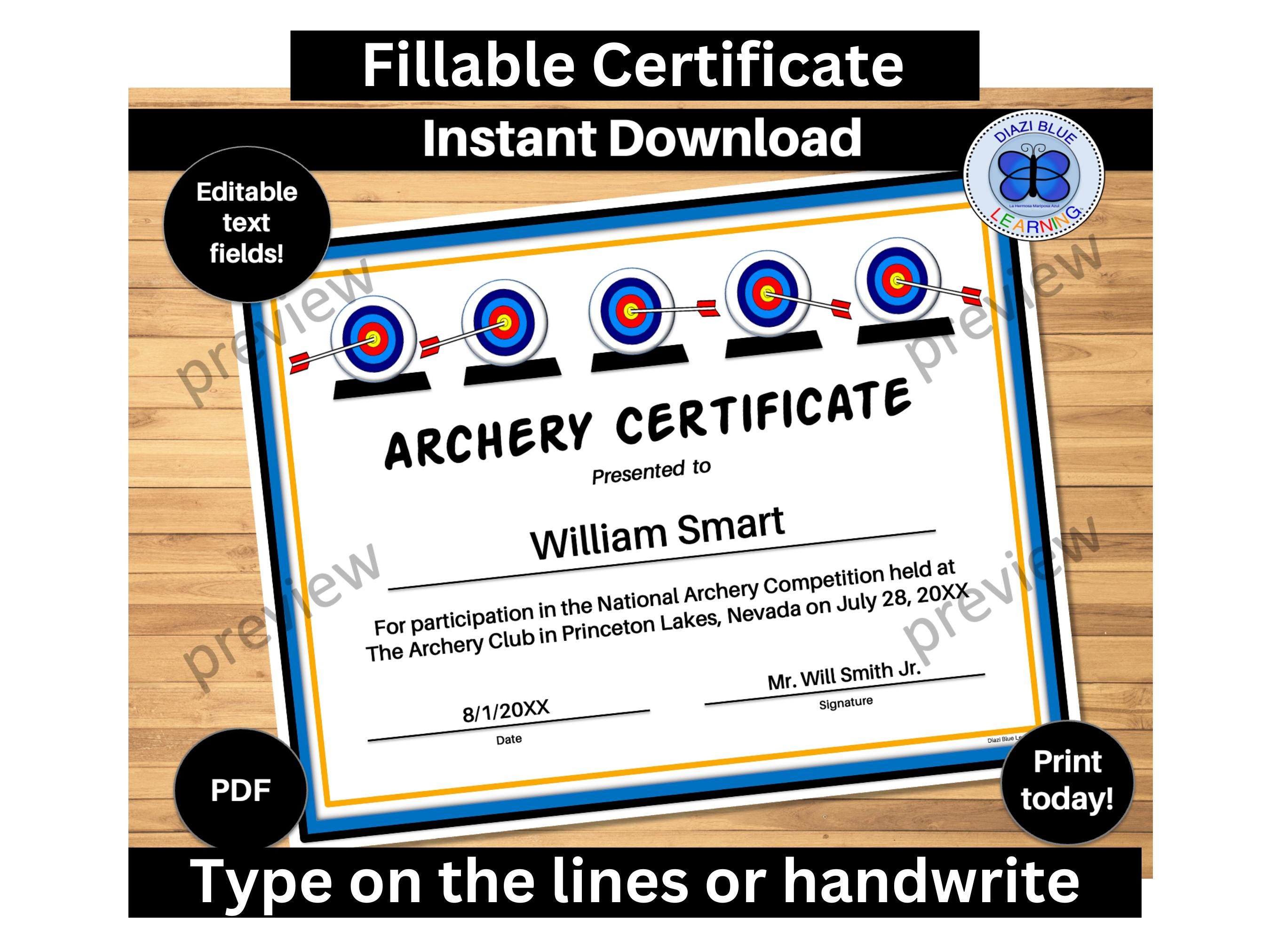 Archery Award, Editable Archery Certificate Award PDF, Archery ...