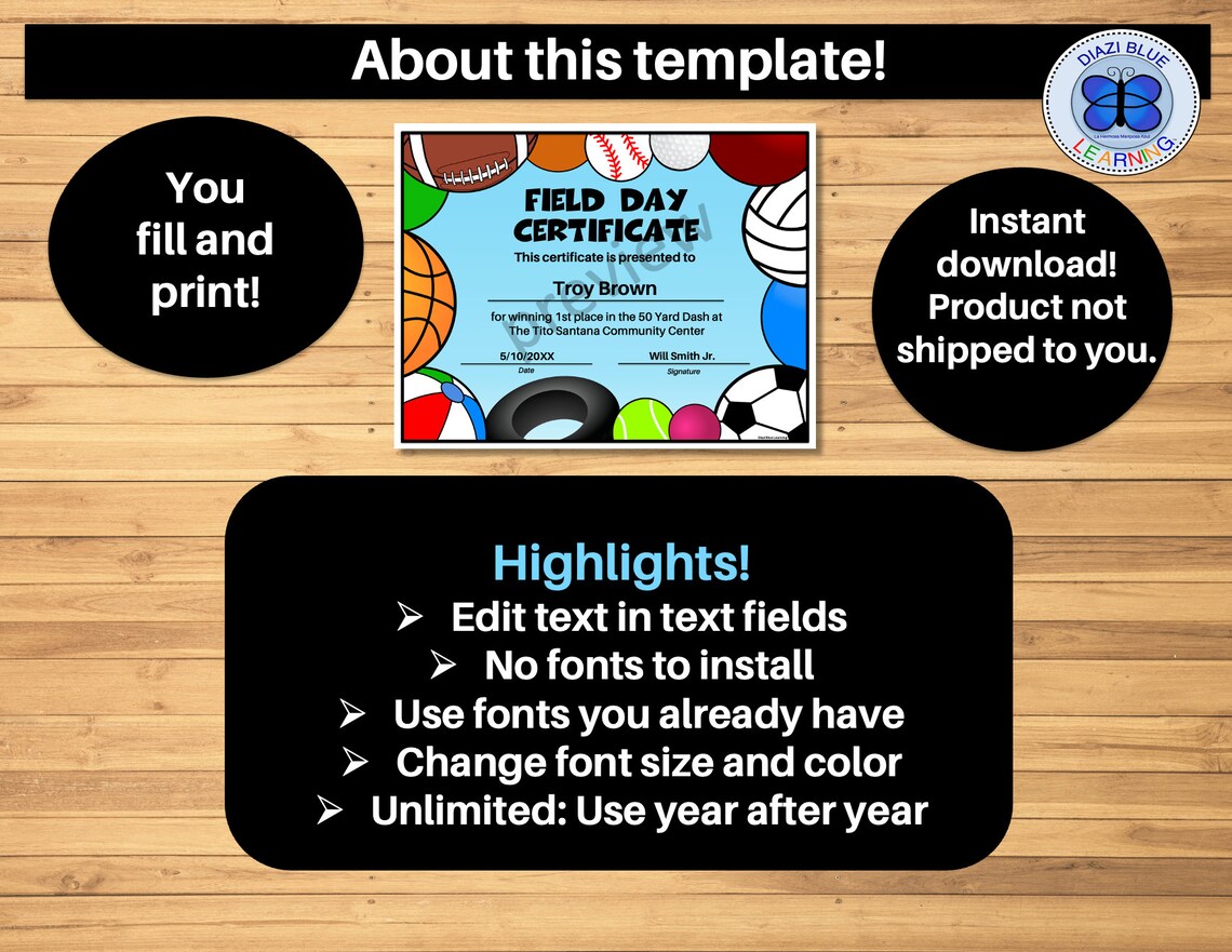 Field Day Certificate #2, Field Day Award, Editable Field Day ...
