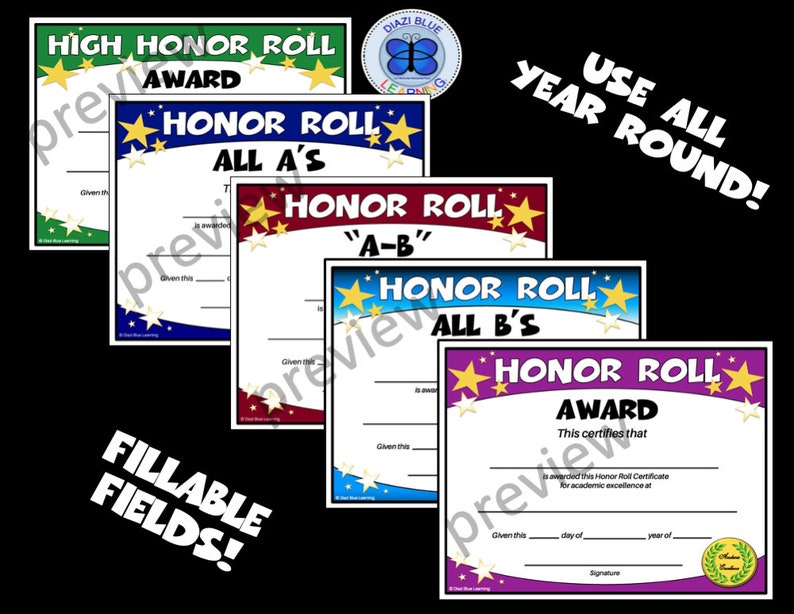 Honor Roll Certificates, 7 Pack Stars Honor Roll Certificates, Fillable ...
