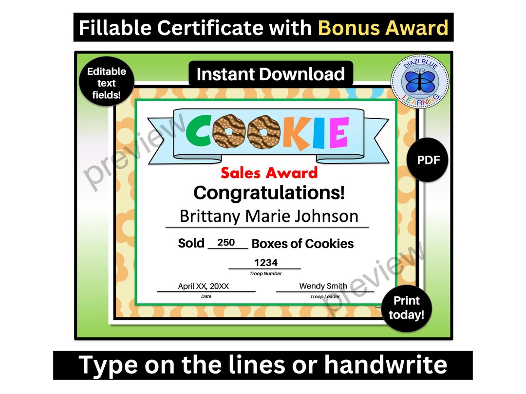 Cookie Sales Award Certificate, Editable Cookie Sales Award Certificate ...