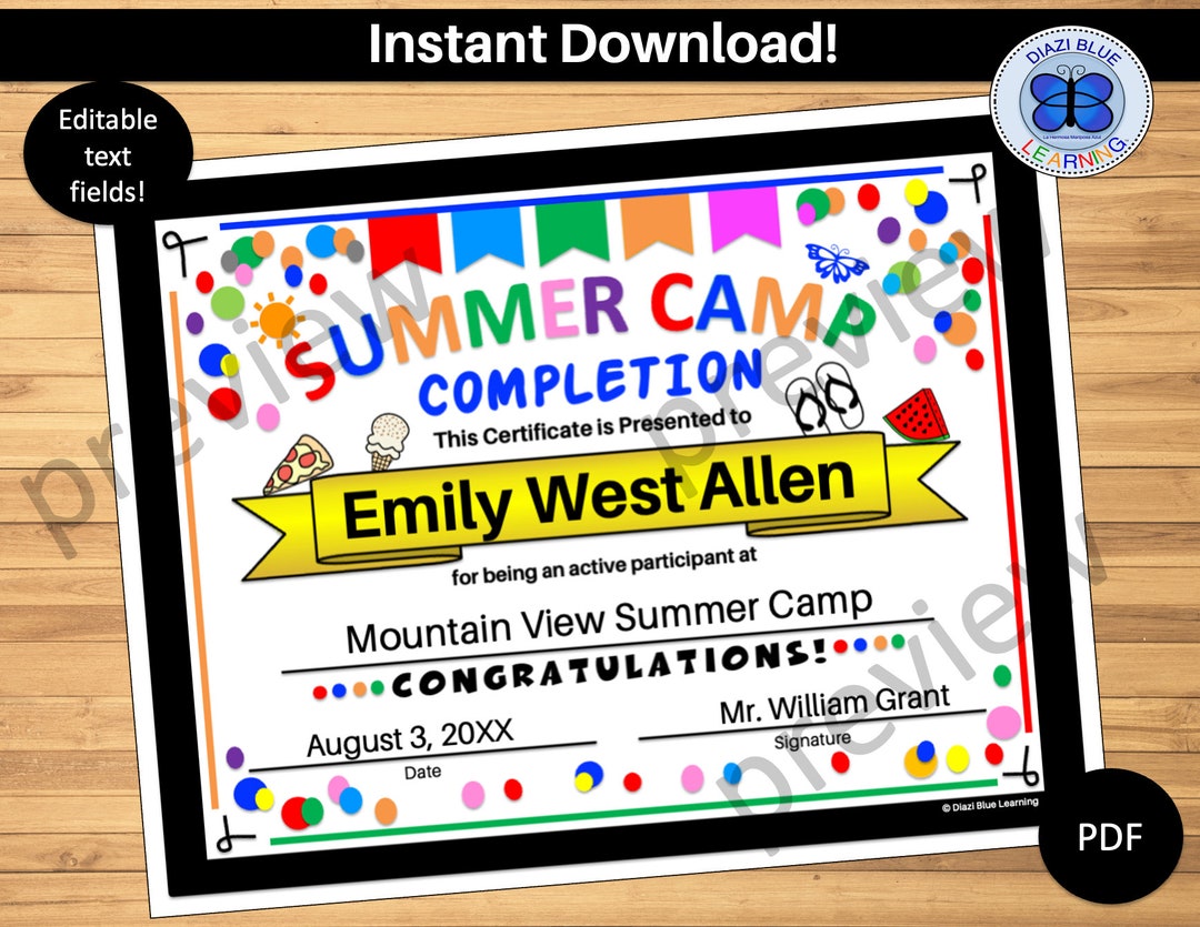 Summer Camp Fun Certificate, Summer Camp Participant Award, Fillable ...