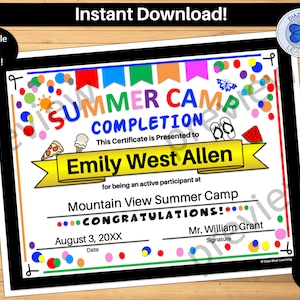 Summer Camp Fun Certificate, Summer Camp Participant Award, Fillable ...