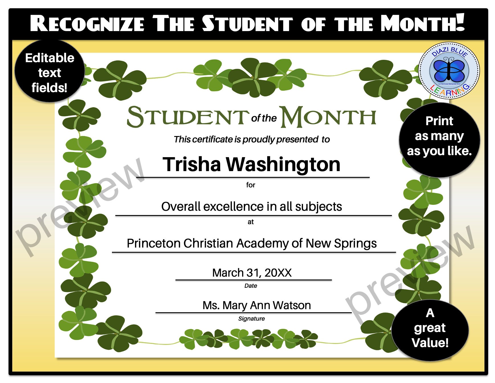 March Student of the Month Certificate, March Student of the Month ...