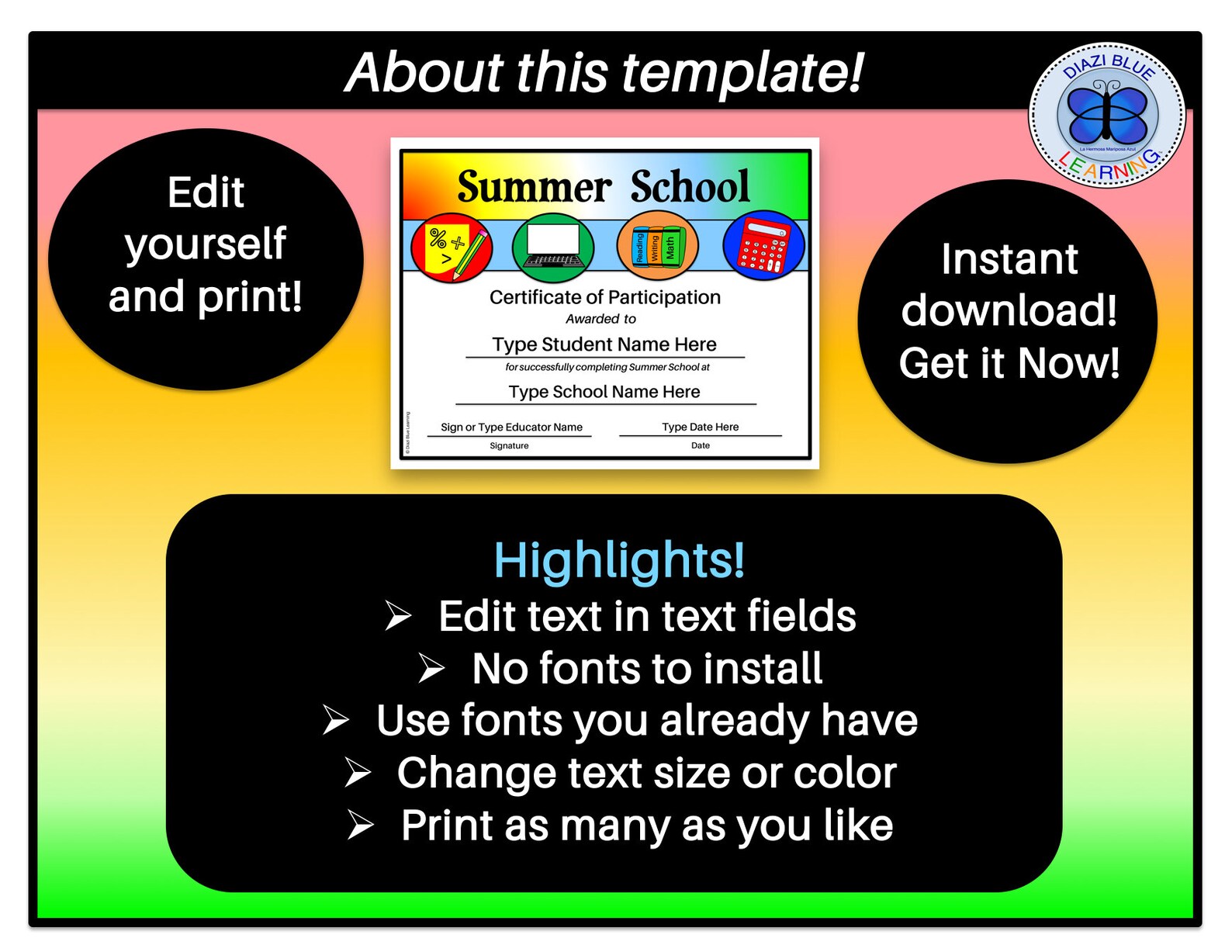 Summer School Certificate, Editable Summer School Certificate ...