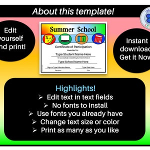 Summer School Certificate Editable Summer School Certificate - Etsy