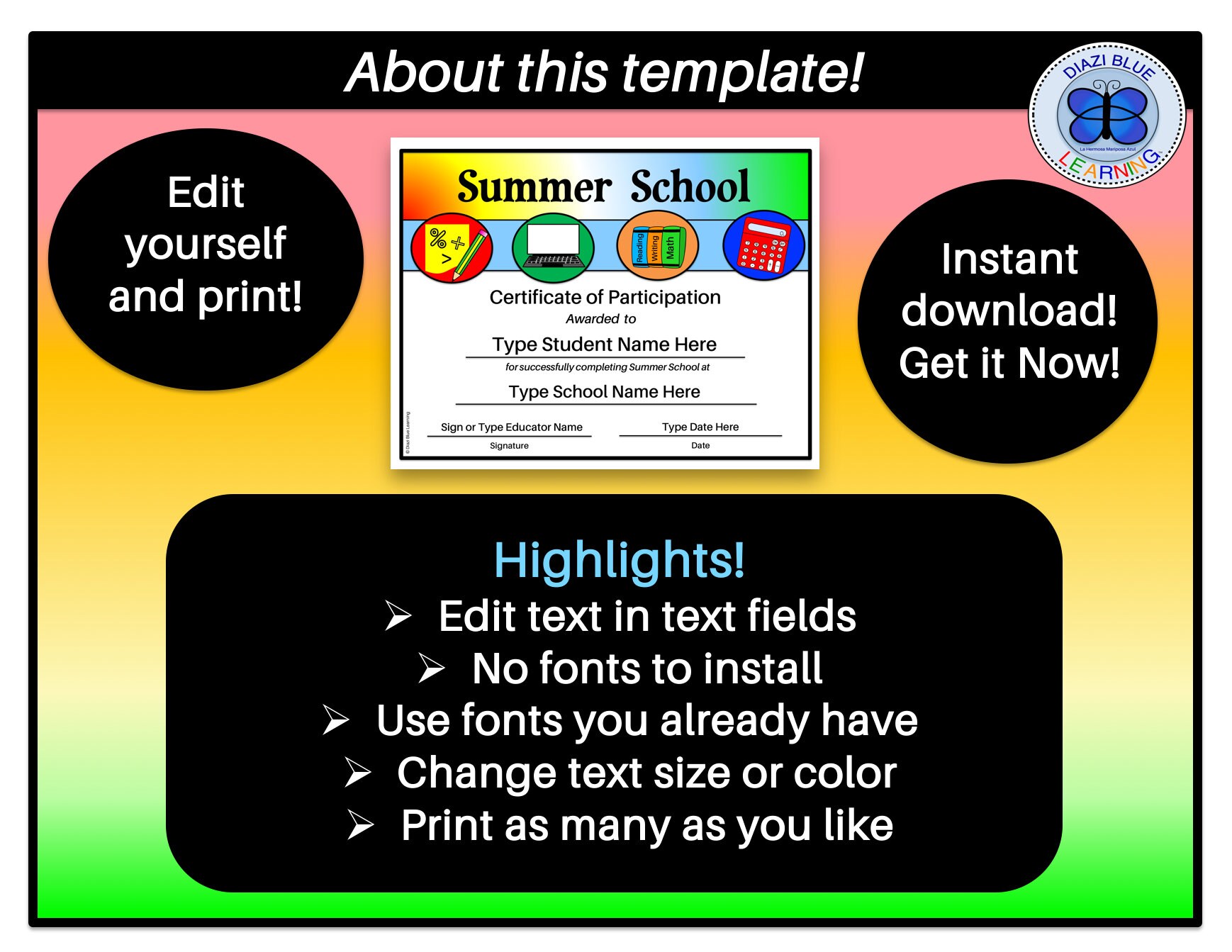 Summer School Certificate, Editable Summer School Certificate ...