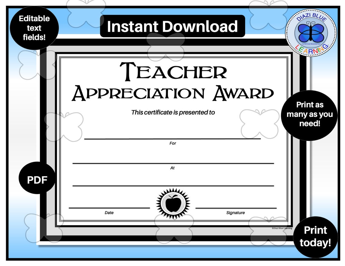 Teacher Appreciation Award PDF, Editable Teacher Appreciation ...