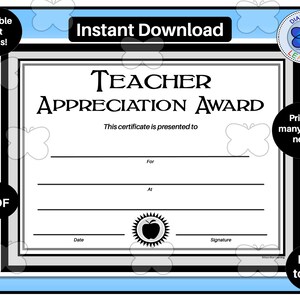Teacher Appreciation Award PDF, Editable Teacher Appreciation ...