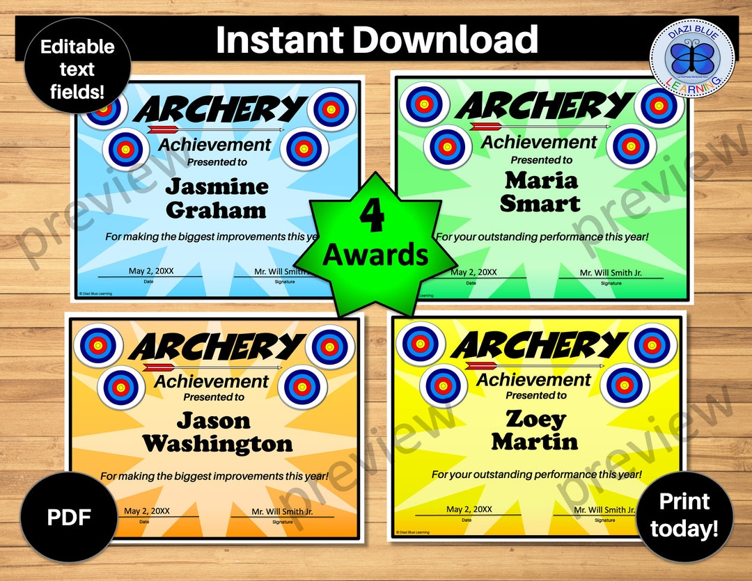 Archery Award Set, Editable Archery Certificate Award PDF, Archery ...