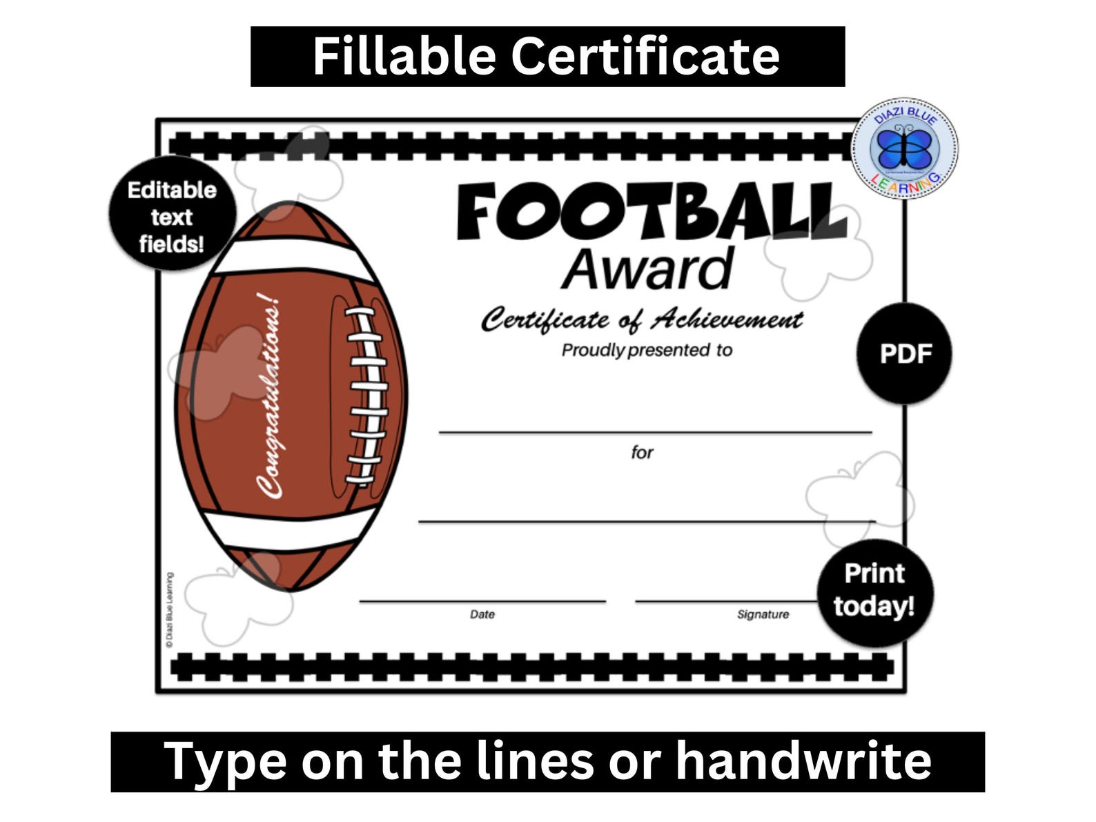 Editable Football Certificate, PDF Football Certificate, PDF Football ...