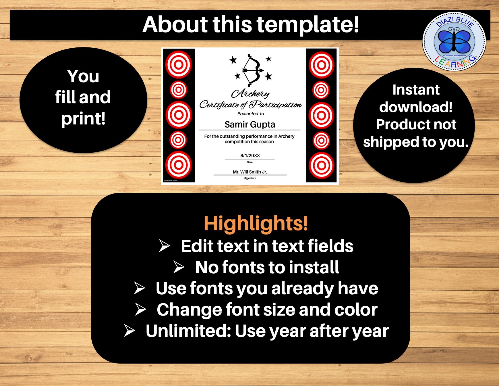 Archery Award, Editable Archery Certificate Award PDF, Archery ...
