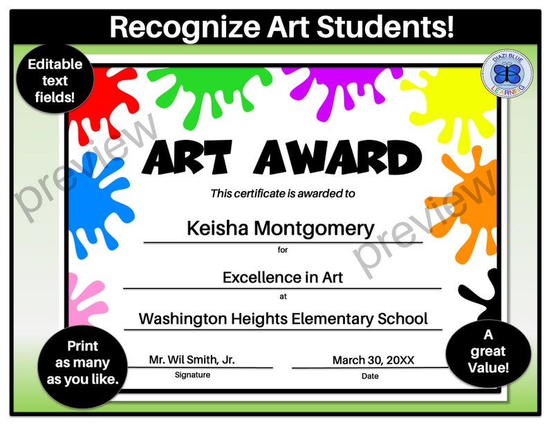 Art Certificate, PDF Art Certificate, Editable Art Certificate, End of ...