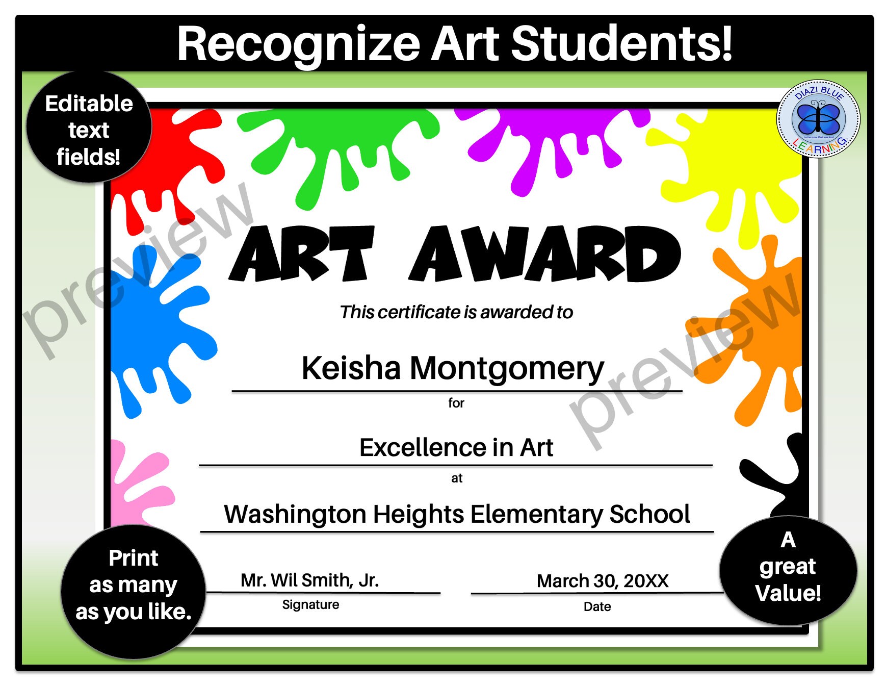 Art Certificate, PDF Art Certificate, Editable Art Certificate, End of ...