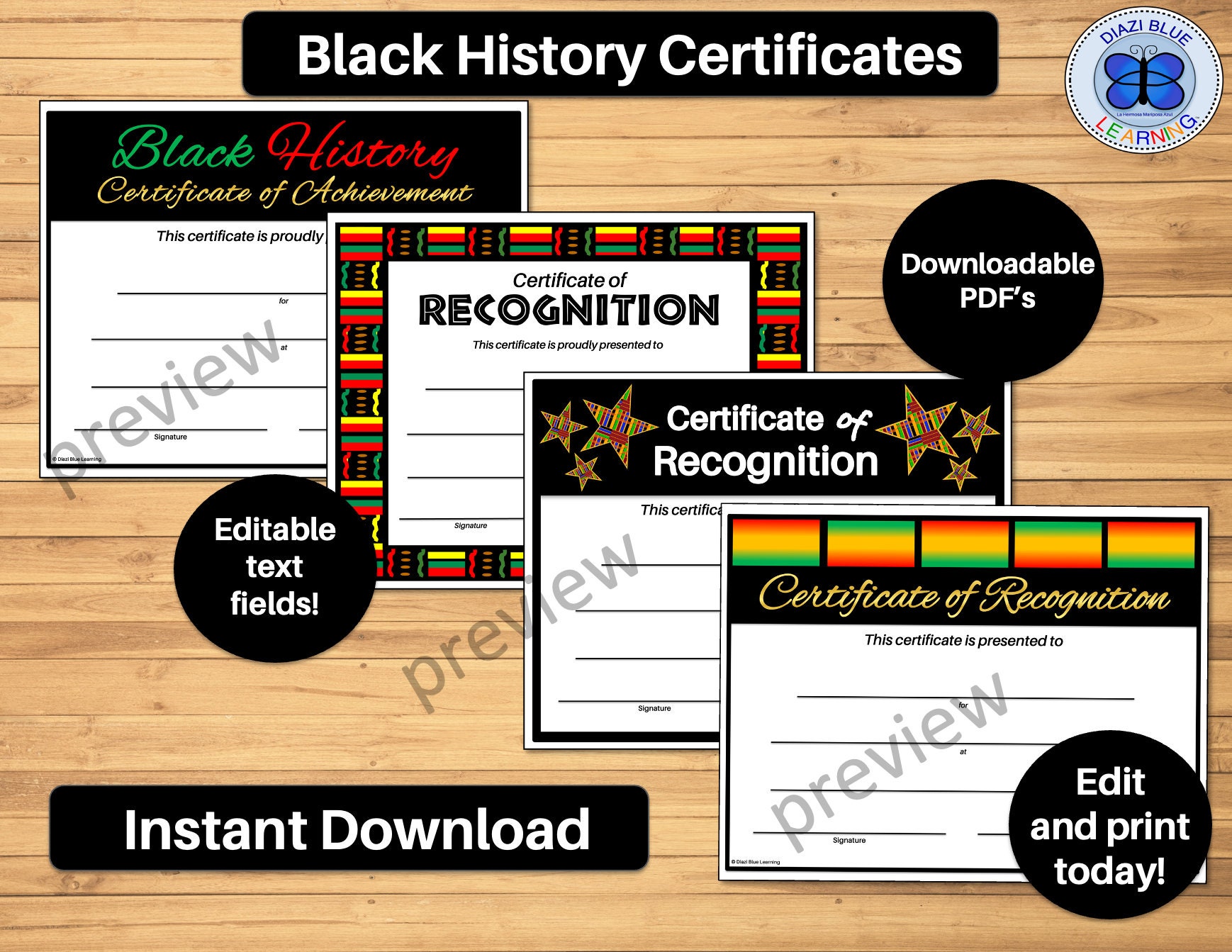 Black History Certificate of Achievement, Set of 4, Certificate of ...