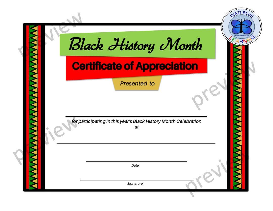 Black History Month Certificate of Appreciation, Editable Black History ...