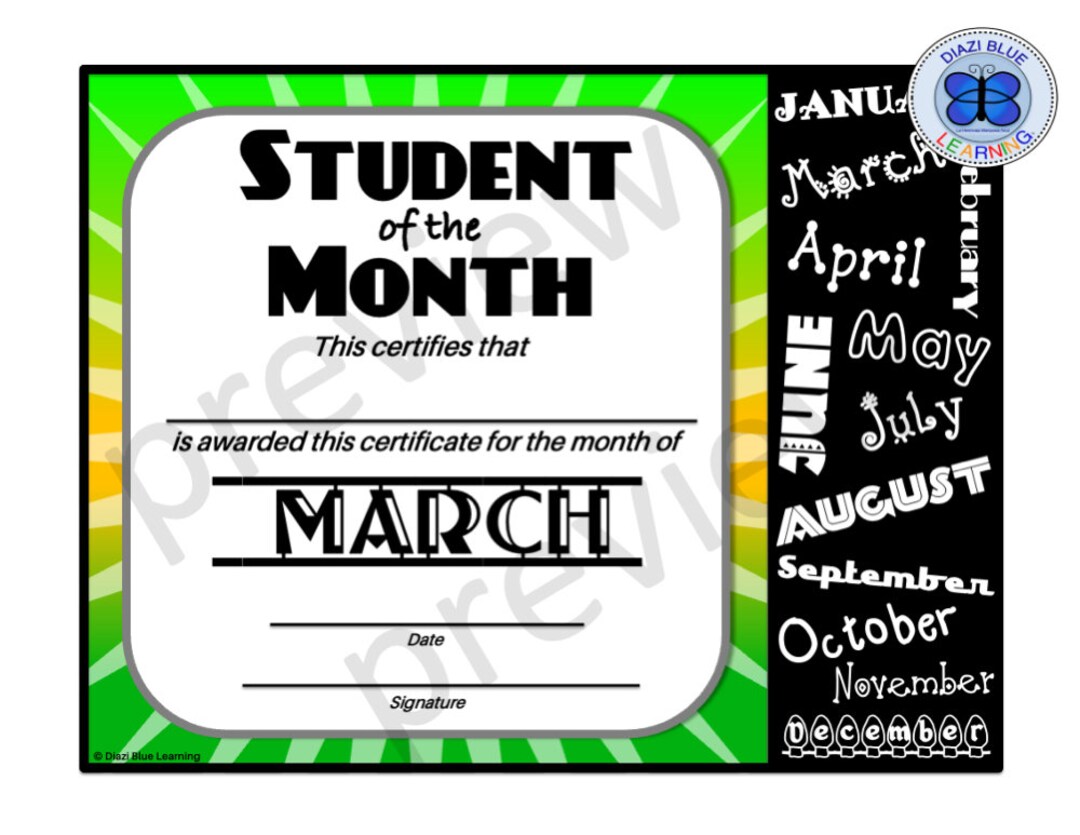 Student of the Month Certificate for March, Editable PDF Student of the ...