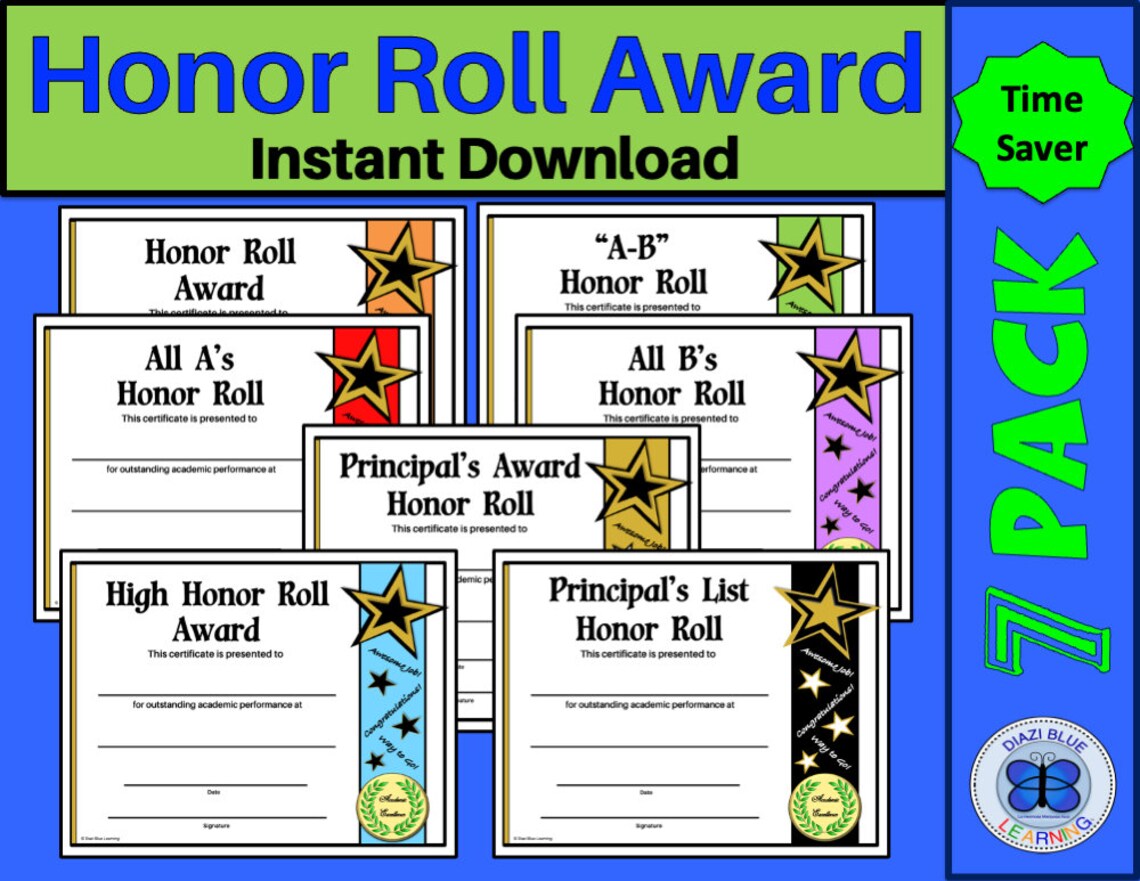 Honor Roll Certificates, 7 Pack Star Honor Roll Certificates, Fillable ...