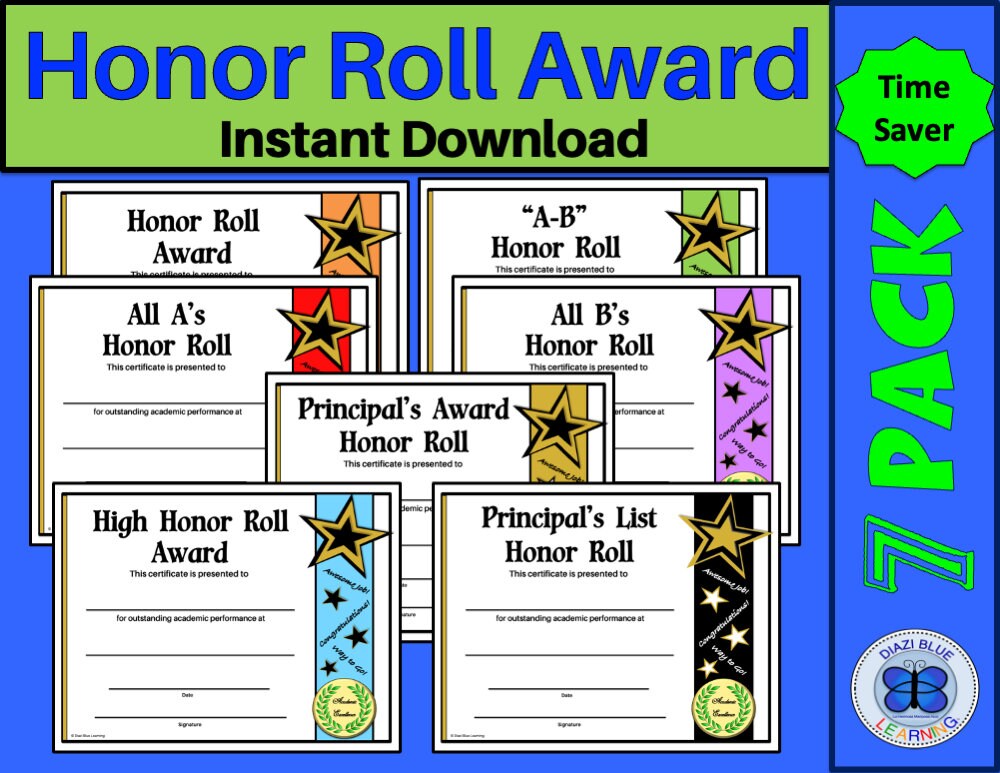 Honor Roll Certificates, 7 Pack Star Honor Roll Certificates, Fillable ...