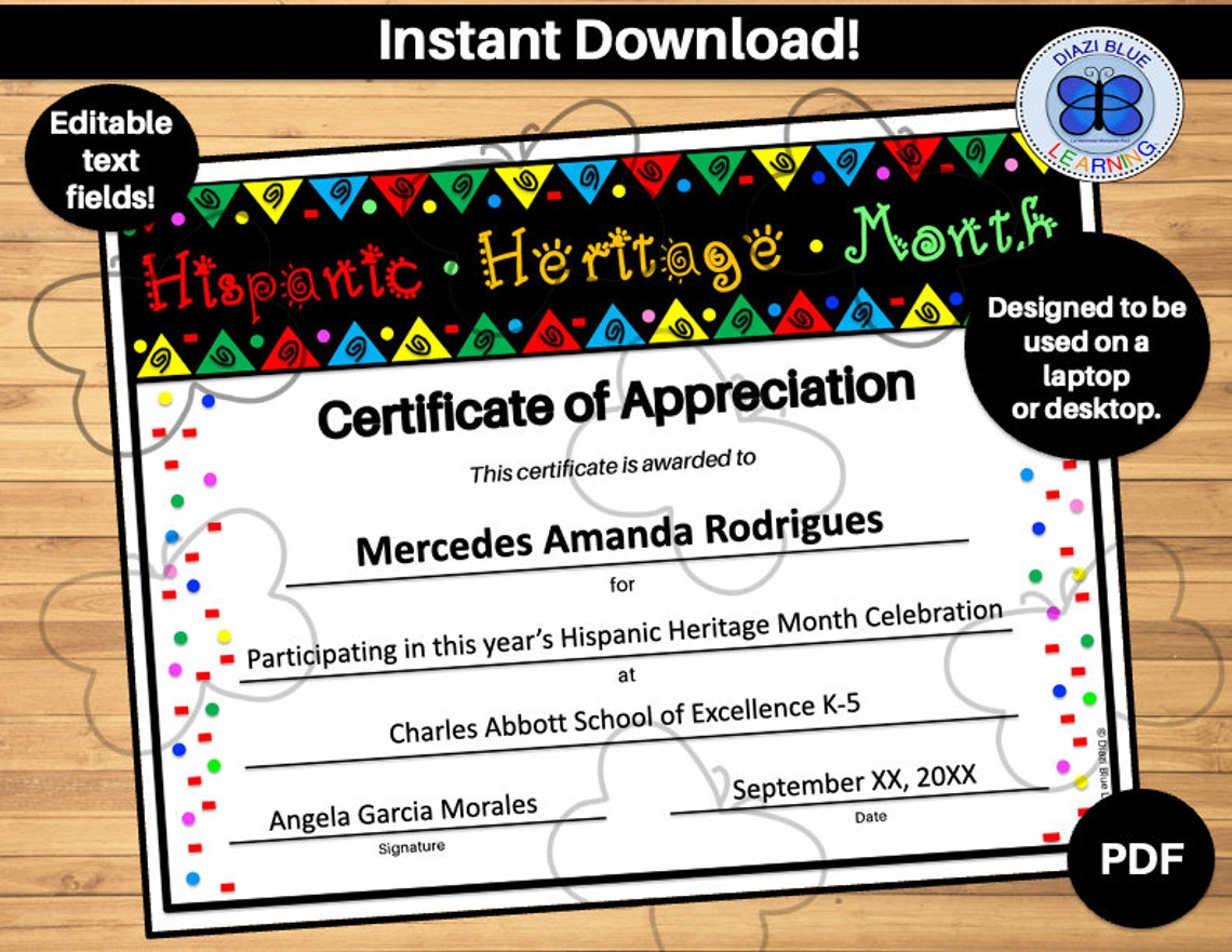 Hispanic Heritage Month Certificate of Appreciation With Bonus ...