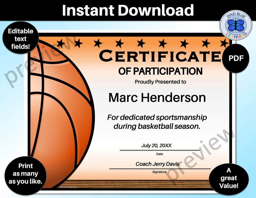 Editable Basketball Certificate, PDF Basketball Certificate, Basketball ...