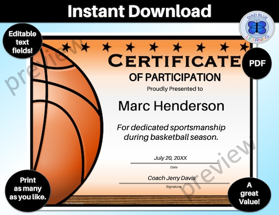 Editable Basketball Certificate PDF Basketball Certificate | Etsy
