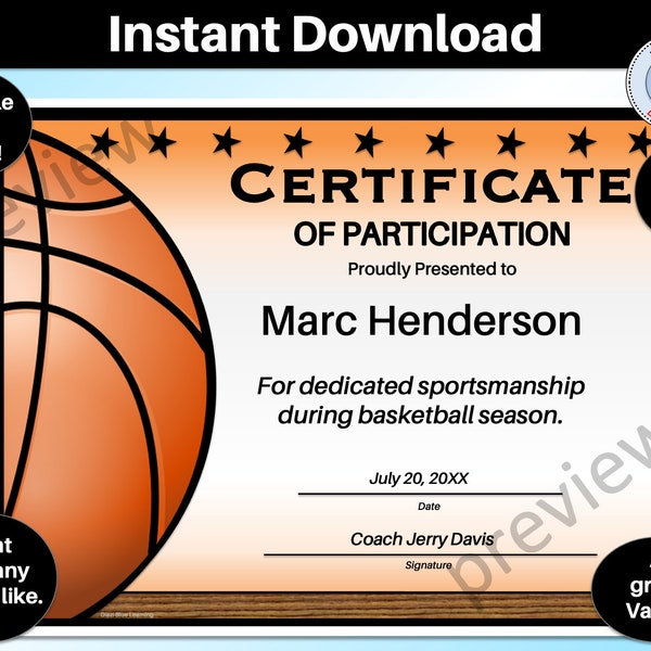 Basketball Certificate - Etsy