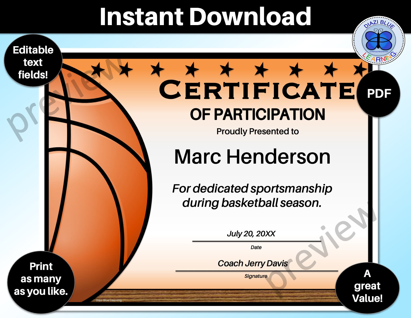 Editable Basketball Certificate, PDF Basketball Certificate, Basketball ...