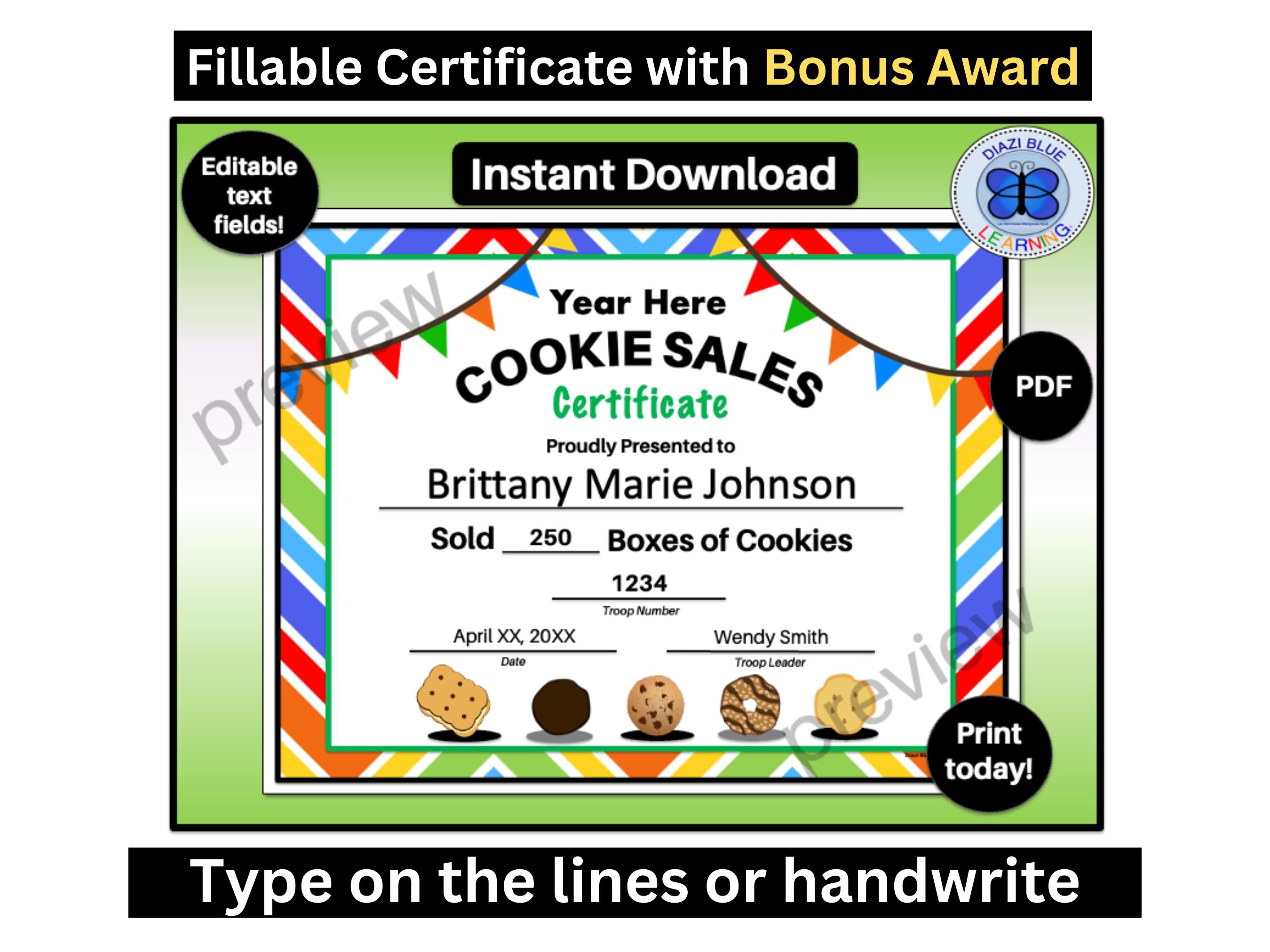 Cookie Sales Award Certificate, Editable Cookie Sales Award Certificate ...
