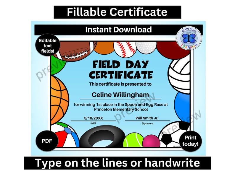 Field Day Certificate #2, Field Day Award, Editable Field Day ...