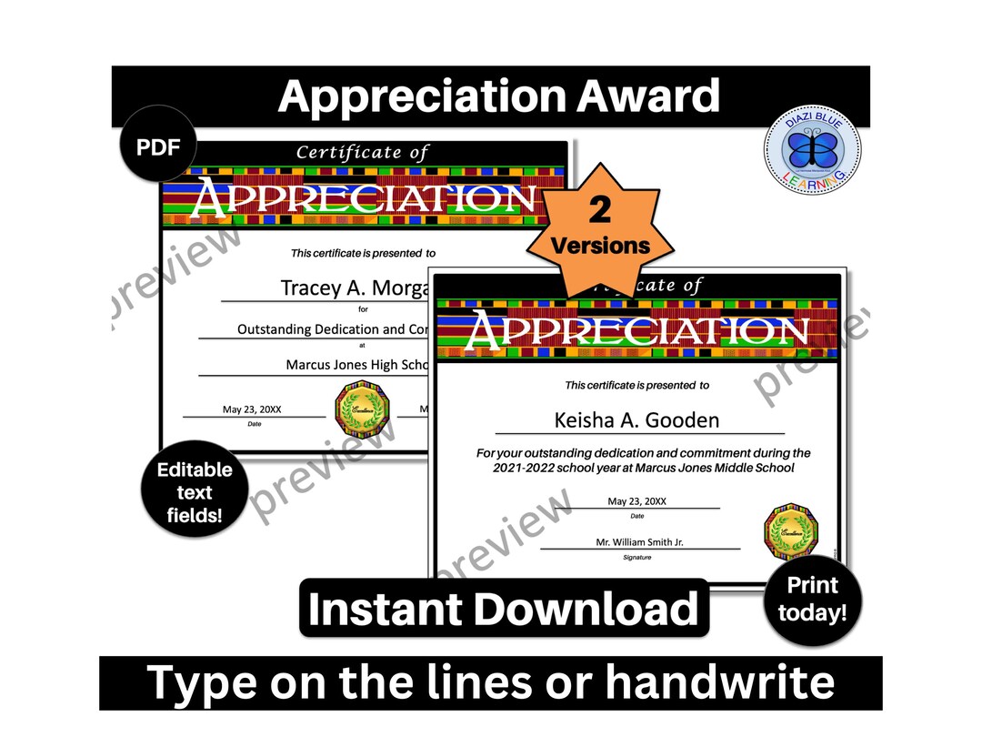 Kente Appreciation Award With Bonus Certificate, Editable Certificate ...