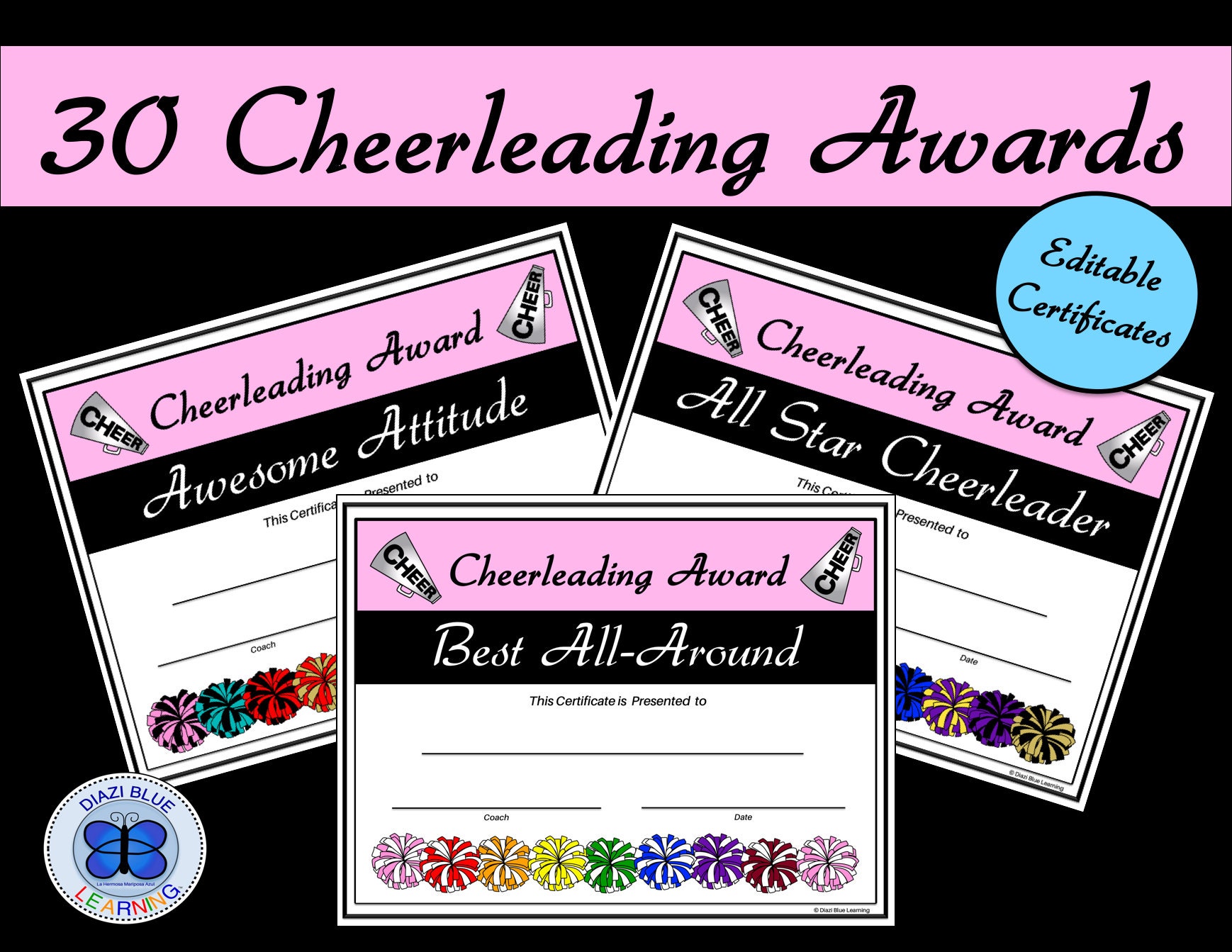 Cheerleading Certificates, Cheerleading Awards, Editable Cheerleader ...