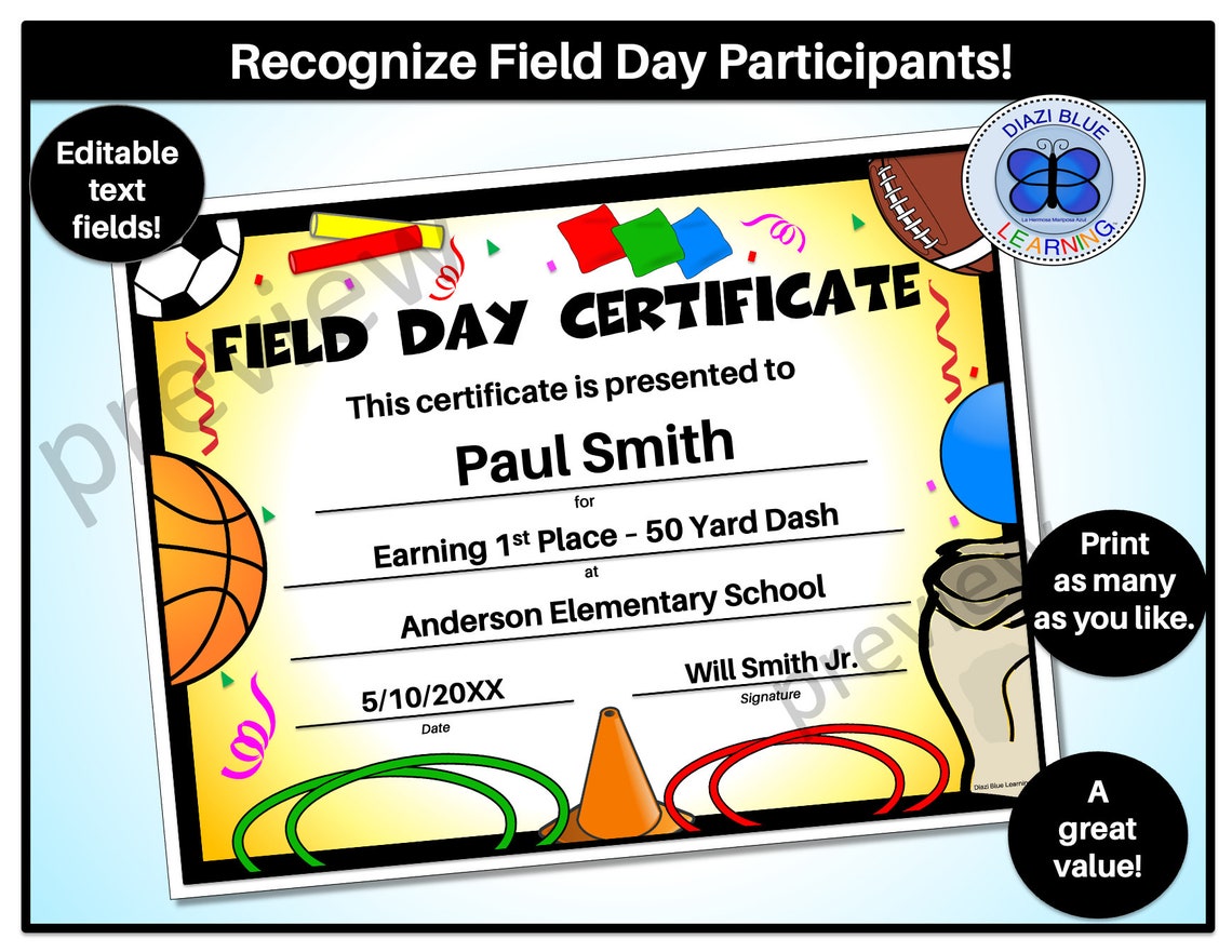 Field Day Certificate #1, Field Day Award, Editable Field Day ...
