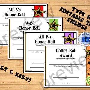 Honor Roll Certificates, 7 Pack Star Honor Roll Certificates, Fillable ...