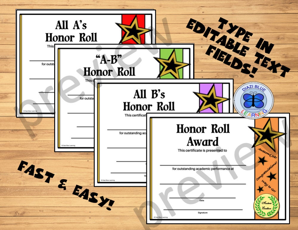 Honor Roll Certificates, 7 Pack Star Honor Roll Certificates, Fillable ...