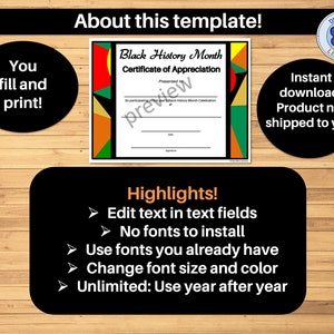 Black History Month Certificate of Appreciation, Editable Black History ...