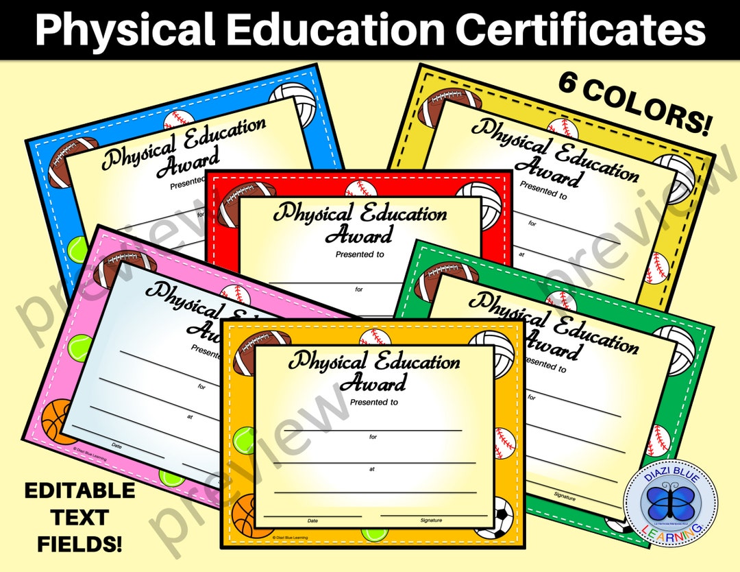 Physical Education Certificate, PE Certificates, Editable PE ...