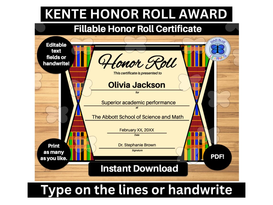 Kente Fillable Honor Roll PDF Certificate #3, Editable Kente Honor Roll ...