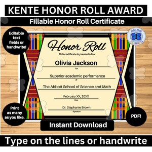 Kente Fillable Honor Roll PDF Certificate #3, Editable Kente Honor Roll ...