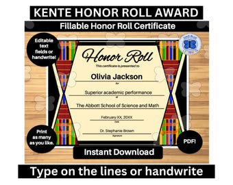 Set of 7 Kente Fillable Honor Roll PDF Certificates #2, Editable Kente ...