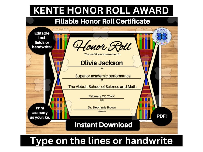 Kente Fillable Honor Roll PDF Certificate #3, Editable Kente Honor Roll ...