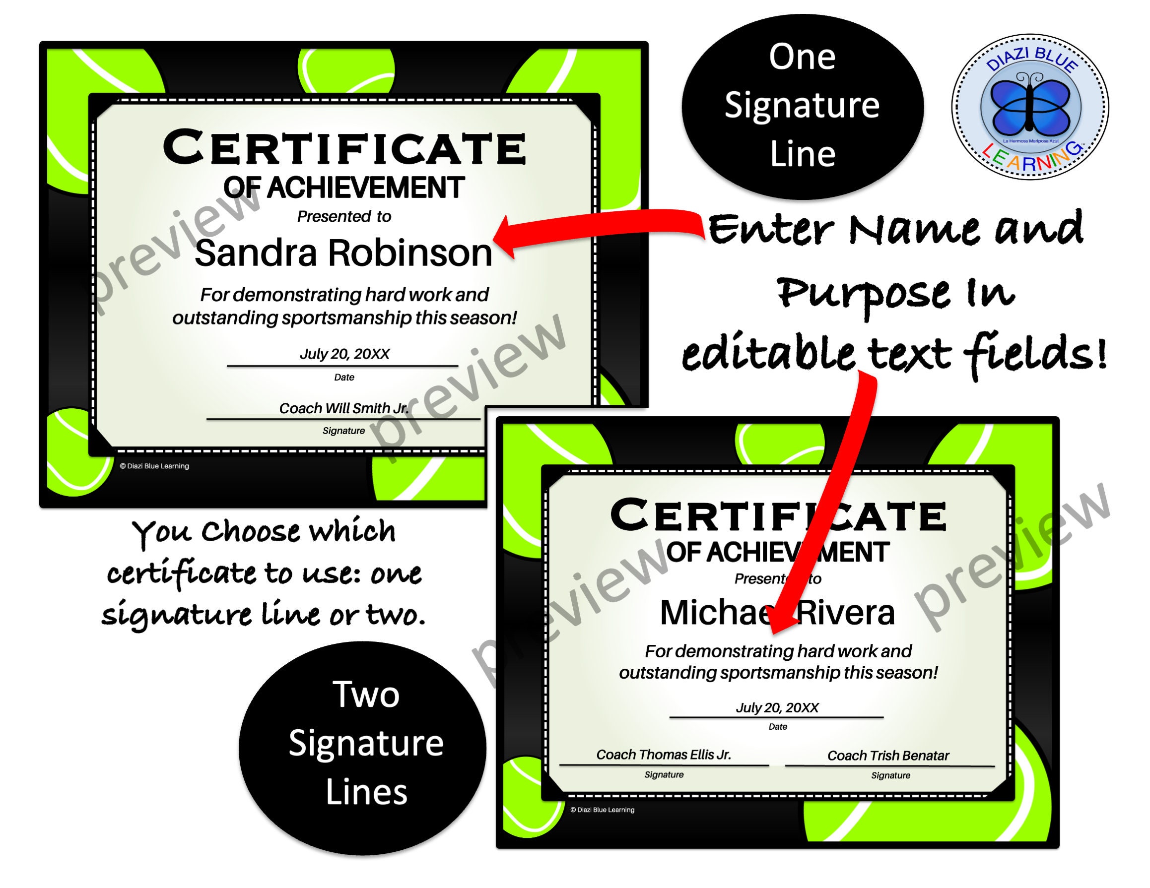 Editable Tennis Certificate, Tennis Certificate With 1 or 2 Signature ...