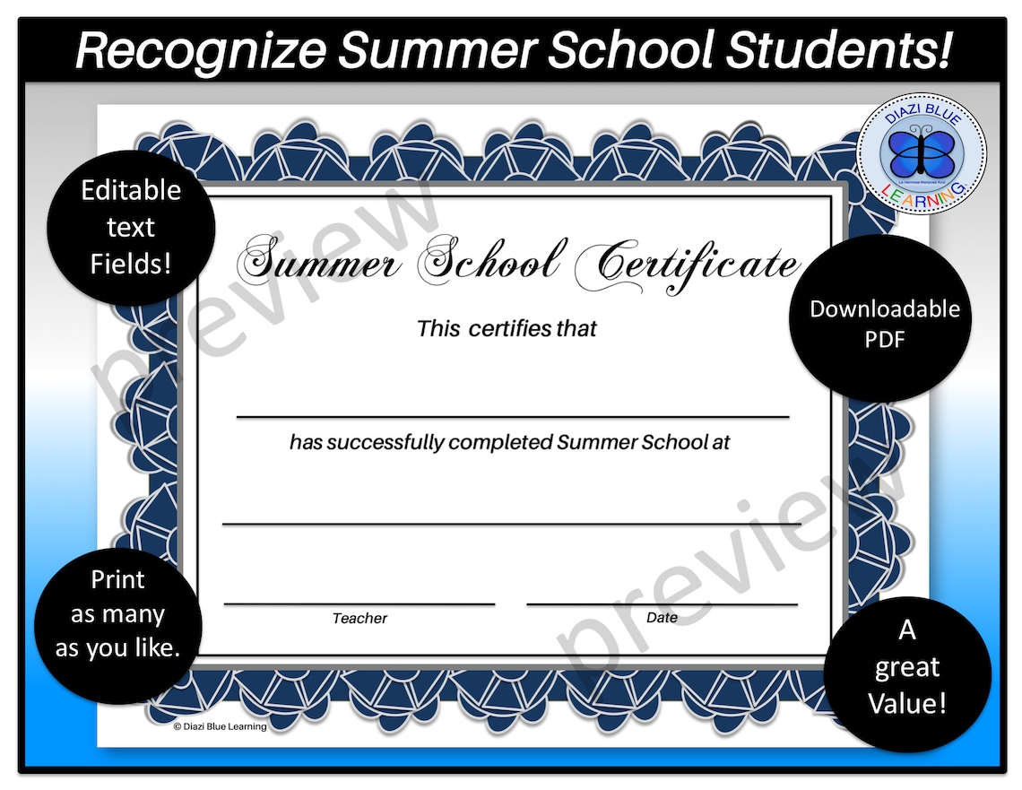Summer School Certificate, Editable Summer School Certificate ...