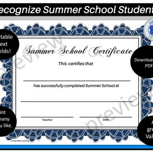 Summer School Certificate Editable Summer School Certificate | Etsy